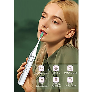 CRKIOB Electric Toothbrush with 10 Brush Heads for Adults and Kids,5 Modes,3 Speeds/Mode,2 Minutes Built in Smart Timer,Sonic Toothbrush,Kids toothbrushes(White)