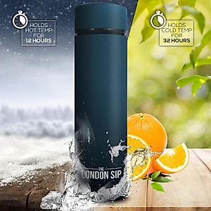 London Sip Multi-Purpose Travel Mug and Tumbler Fruit Infused Flask Hot and Cold Double Wall Stainless Steel Thermos with Extra-Long Infuser, Midnight Teal