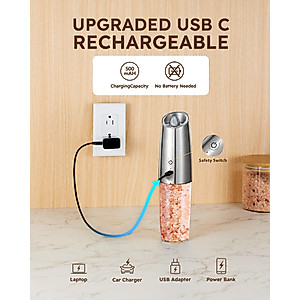Sangcon Gravity Electric Salt and Pepper Grinder Set Shaker 𝐔𝐩𝐠𝐫𝐚𝐝𝐞𝐝 Rechargeable 9oz XL Capacity - USB-C No Battery Needed One Hand Operation Adjustable Coarsenes Automatic Mill