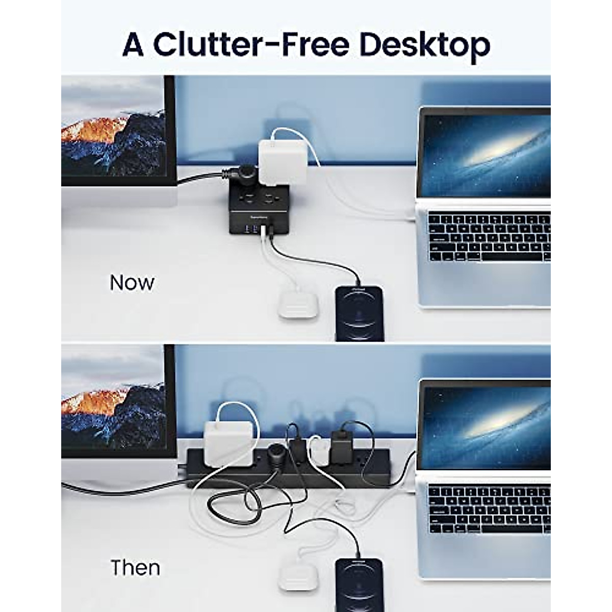 5ft Power Strip, SUPERDANNY Surge Protector 900 Joules, 4-Outlet 4-USB Extension Cord, Overload Switch, Grounded, Mountable, Desktop Charging Station for Home, Office, School, Dorm, Computer, Black