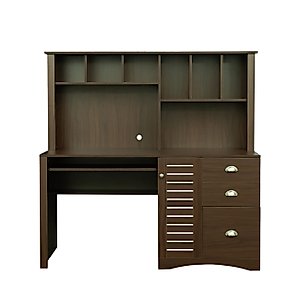 Computer Desk, Modern Wooden Home Office Desk Student Desk with Drawers and Bookshelf, Multifunctional Computer Desk Writing Table with Keyboard and Hutch for Small Space Bedroom Study, Walnut