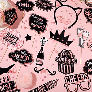 36 Pcs Birthday Photo Booth Props Kit 40th- 50th-60th Happy Birthday Wedding Party Favors Supplies Bday Party Decor Photobooth Funny Cute Holiday Selfie Supplies(Rose Gold and Black)