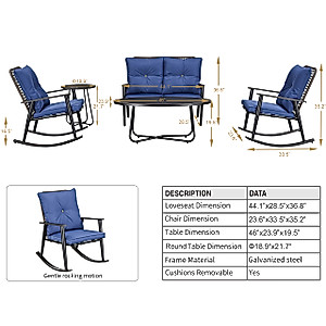 PatioFestival 5 Pieces Patio Conversation Sets Cushioned Outdoor Furniture Sets All Weather Frame with Wicker Back Rocking Chairs and 2 Metal Table, Blue
