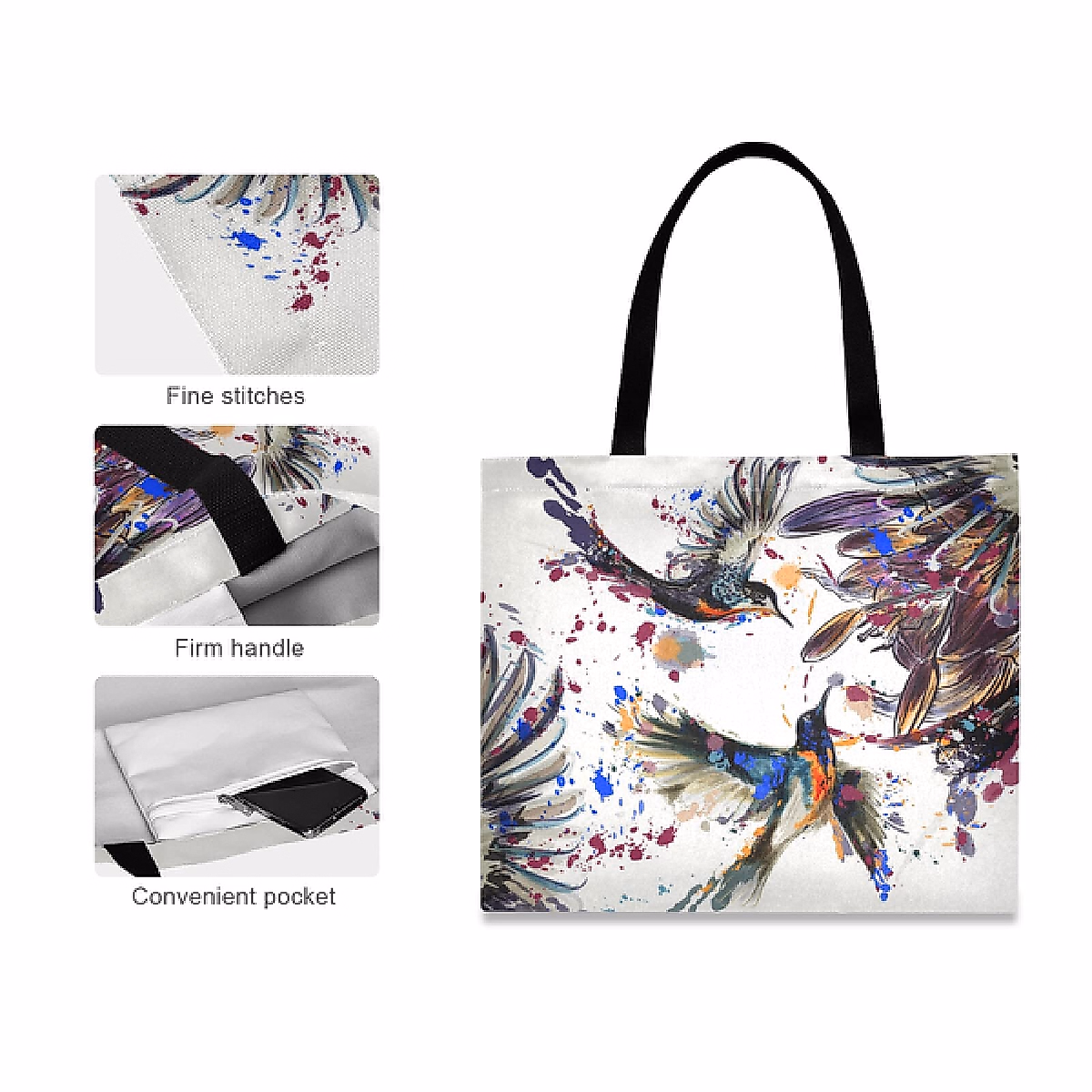 Canvas Tote Bag Watercolor Bird Hummingbird Feather Large Shopper Bag with Zipper Pocket Reusable Casual Shoulder Bag for Women Men