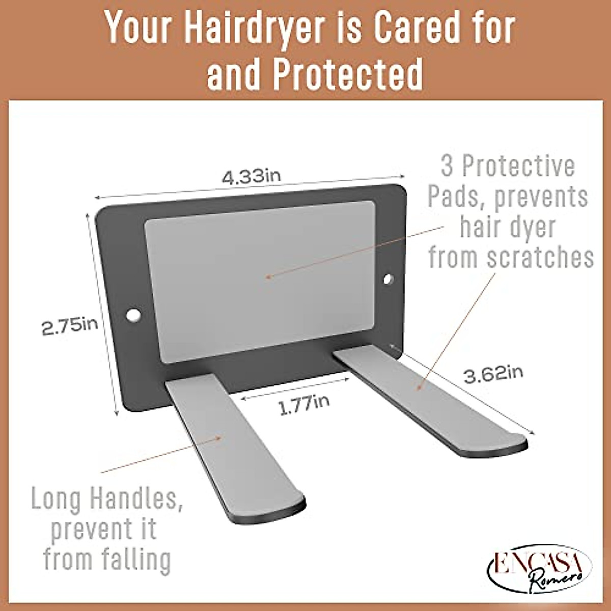 EnCasa Romero Hair Dryer Holder - Wall Mounted Hanger for Blow Dryers & Hair Dryers and Power Cord - Dual Mounting Option with Self Adhesive Strips and Screws Compatible with Dyson & Most Hairdryers