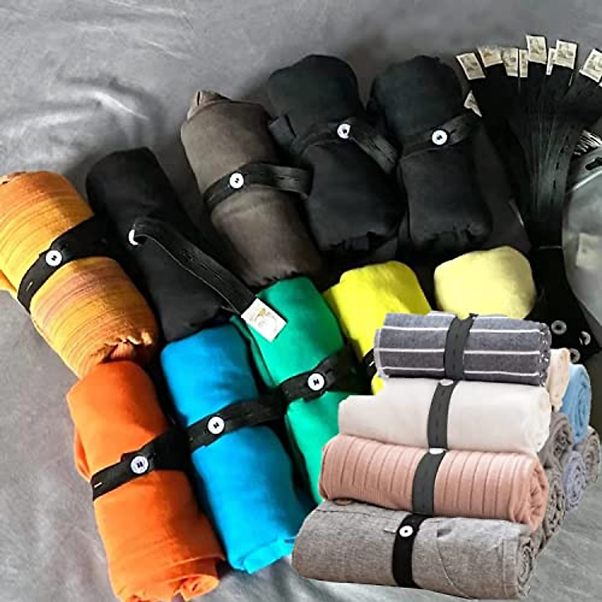 20Pcs Elastic Band with Buttonholes, Stretchable Connectable, Roll-up Clothes Storage Band, Adjustable Clothing Storage Strap with Button, Travel Luggage Space Saver, Drawer & Closet Organizer, Black