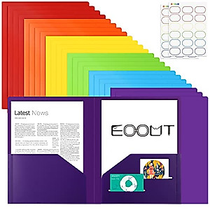 EOOUT 24pcs Folders with Pockets, Plastic Pocket Folders, Two Pocket Folders with Label, 6 Colors, Letter Size, A4 Size, for Office, Teaching, Students and School