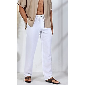 Soojun Men's Linen Beach Pants Lightweight Summer Pants with Drawstring, White, Medium/32 Inseam