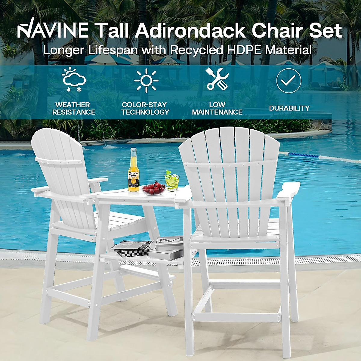 NAVINE Tall Adirondack Chairs Set of 2, HDPE Balcony Chair with Double Connecting Tray, Weather Resistant Outdoor Adirondack Bar Stools for Patio, Deck, Patio, Backyard, Balcony.(White)