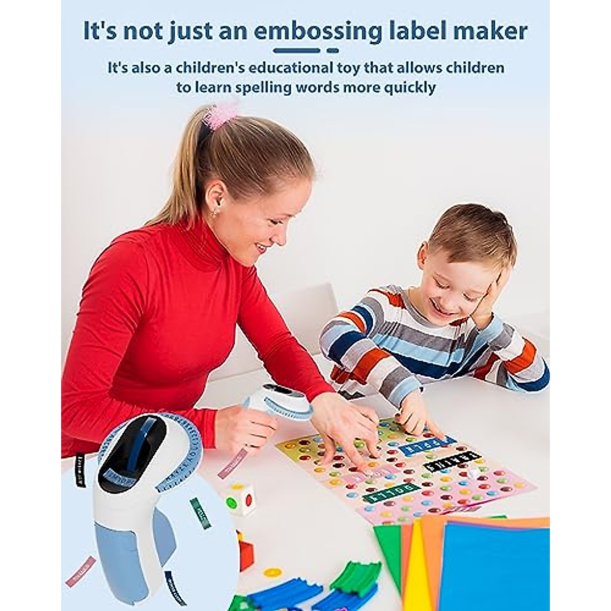 Memoqueen Embossing Label Maker Machine with 3 Tapes，Portable 3D Embosser, Handheld Mini Embossed Label Printer with 3 Label Maker Tape for Small Business Office Home and DIY Crafting-E975 Blue