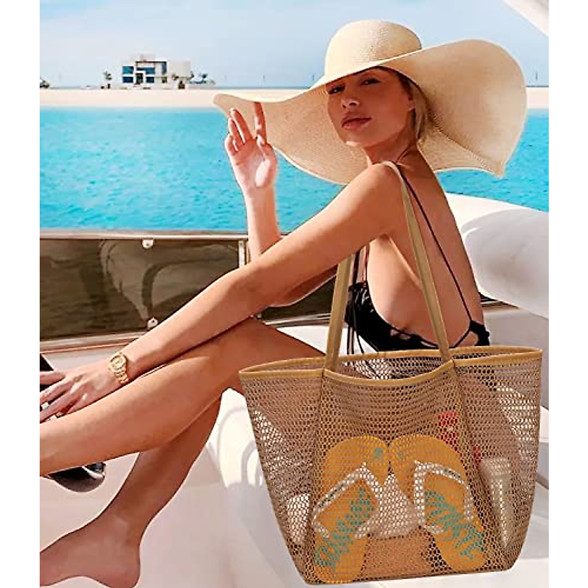 hatisan Beach Bag Mesh Tote Bag,Upgrade Beach Tote with Phone Pouch Women Mesh Bag Shoulder Bag for Beach Travel Vacation (Kakhi)