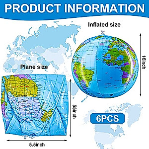 Globe Beach Ball Blow Up World Globe Inflatable Globe Beach Ball Earth Beach Ball Topographic Map Globes PVC Giant Globe Beach Ball for Kids School Classroom Geography Party Supplies (6 Pieces)