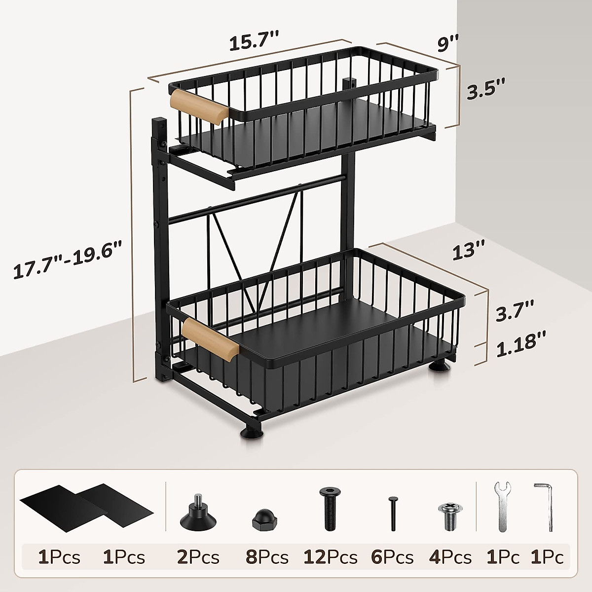 Under Sink Organizer, Pull Out Cabinet Organizer, Metal 2-Tier Under Sink Storage, Adjustable Height Rack Shelf Drawers Sliding Basket for Kitchen Bathroom Utility Room Cabinet