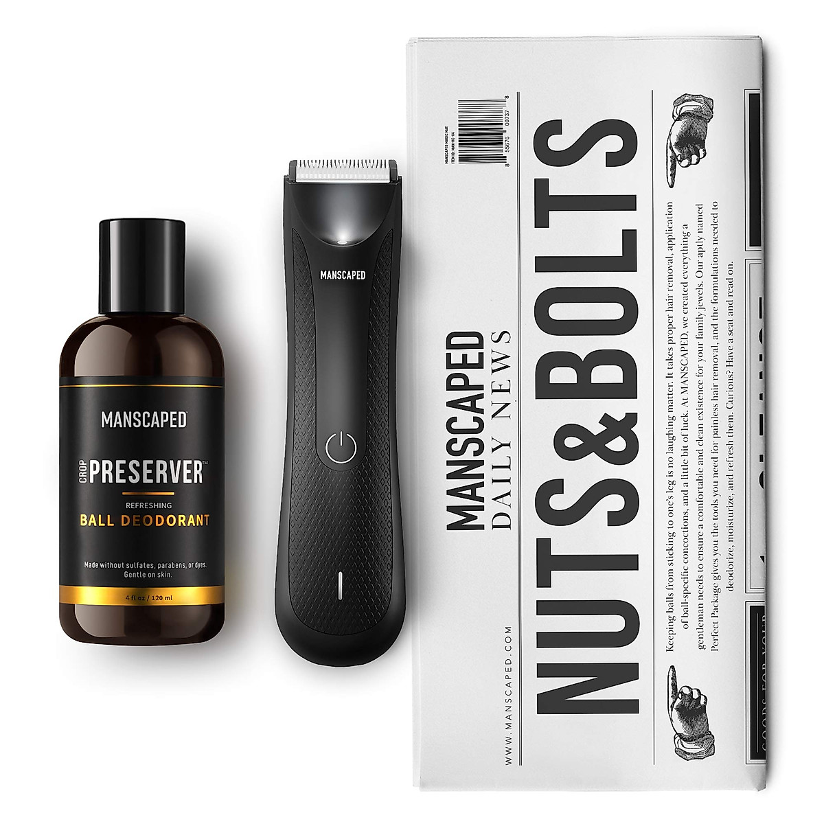 MANSCAPED™ Nuts and Bolts 3.0, Men's Grooming Kit, Includes The Lawn Mower™ 3.0 Ergonomically Designed Powerful Waterproof Trimmer, The Crop Preserver™ Ball Deodorant and Disposable Shaving Mats