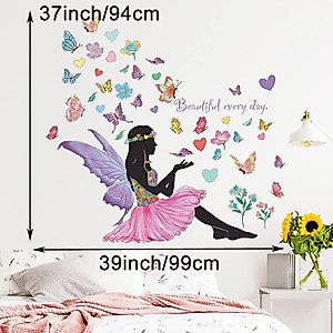 Pinenjoy Butterfly Girl Wall Decal Flower Fairy Wall Sticker 39x37inch Removable Self-Adhesive Vinyl Wall Clings for Kids Bedroom Living Room Nursery TV Headboard Decorations