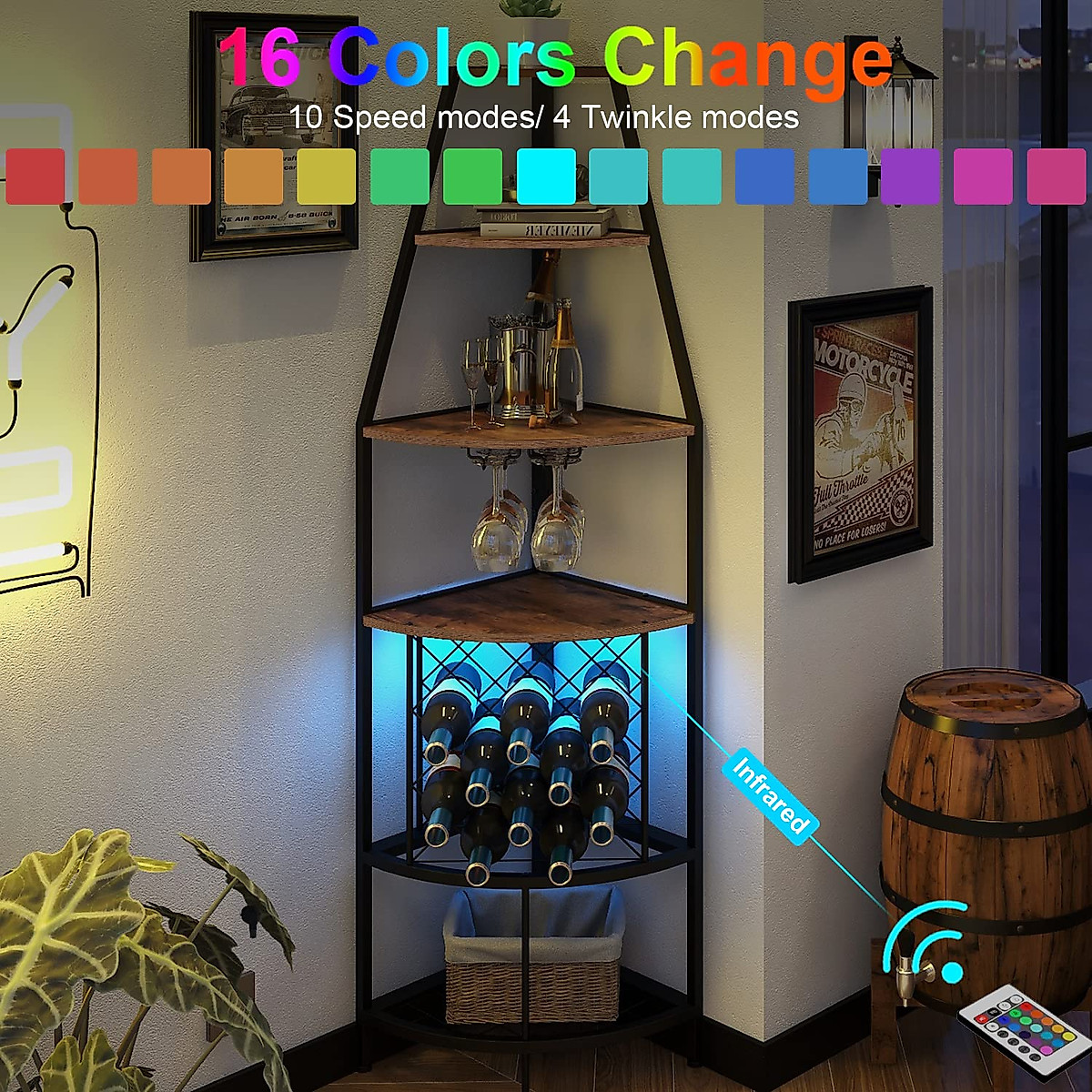 Espelism 5-Tier Corner Wine Rack with LED Light Floor Standing Wine Rack with Glass Holder and Bottles Wine Storage Home Bar Furniture for Kitchen Living Dining Room (Rustic Brown)