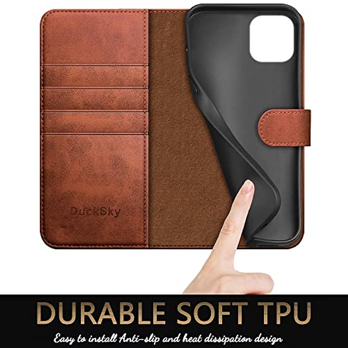 DuckSky for iPhone 13 6.1" Genuine Leather Wallet case 【RFID Blocking】【4 Credit Card Holder】【Real Leather】 Flip Folio Book Phone case Protective Cover Women Men for Apple 13 case Light Brown