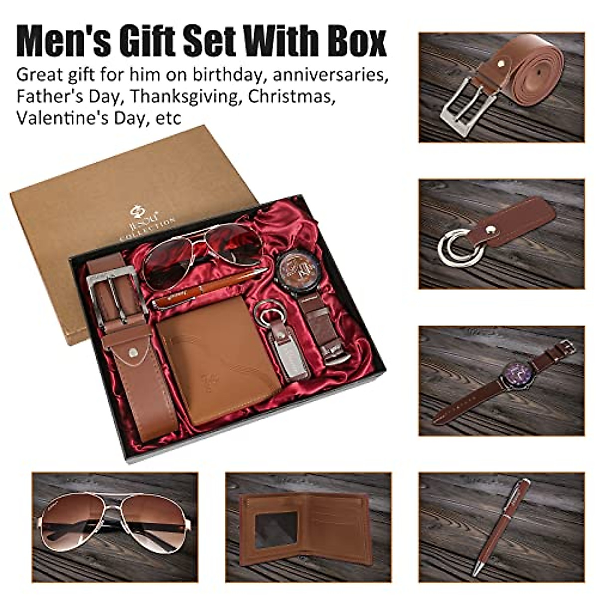 6pcs Men's Gift Set with Box Brown Leather Belt Wallet Watch Glasses Keychain Ballpoint Pen Gifts for Men