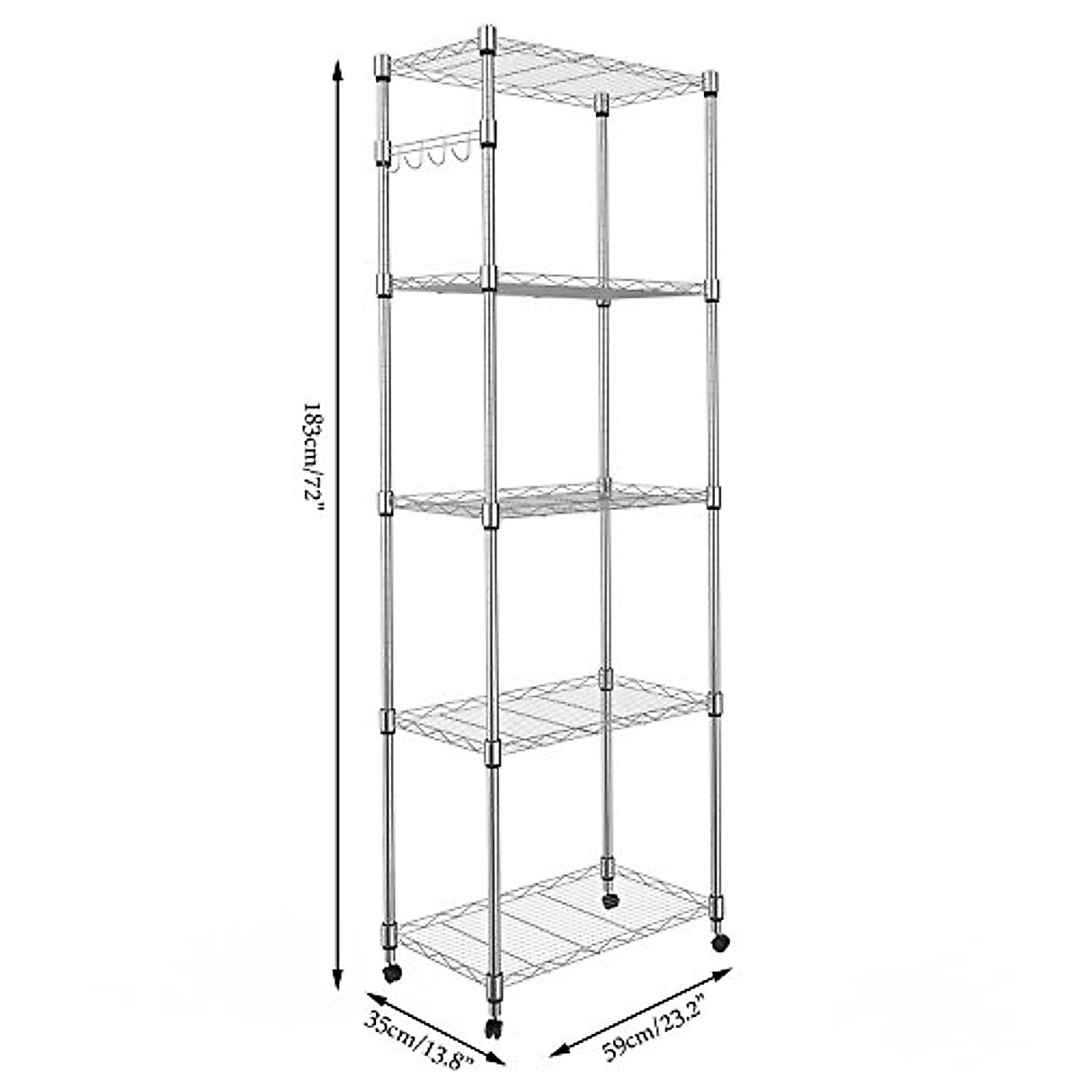 BATHWA 5-Tier Wire Shelving Unit on Wheels, Heavy Duty Rolling Shelving Rack, Chrome Shelves for Bathroom, Kitchen, Living Room