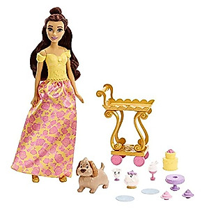 Mattel Disney Princess Belle Tea Time Fashion Doll & Playset with Tea Cart, 3 Character Friends and Food Accessories