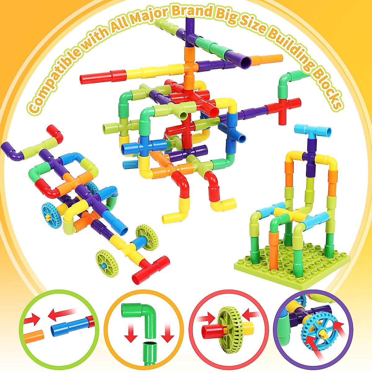 STEM Toy Pipe Tube Building Set for Kids, 175 Pcs Tube Locks Construction Building Blocks Set with Storage Container Box, Pipe Building Toys for Boys Girls Age 3+, Multicolor Educational Toy Gift