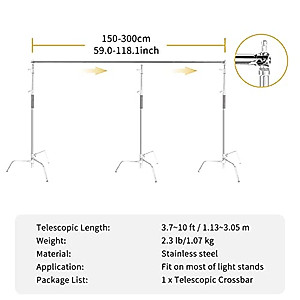 Pro Stainless Steel Telescopic Backdrop Crossbar Max Length 10 ft/3m Adjustable Background Support Cross Arm, Backdrop Pole for C Stand