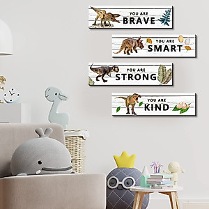 UBLURO 4 Pieces Dinosaur Motivational Wall Art Decors - Dinosaur Wooden Hanging Wall Prints Plaques， Dinosaur Room Decor for for Kids Boys Nursery Bedroom Decorations