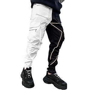 BOOMLEMON Men's Cargo Jogger Pants Reflective Technical Hip Hop Harem Pants Punk Streetwear Tactical Track Pants(Black White L)