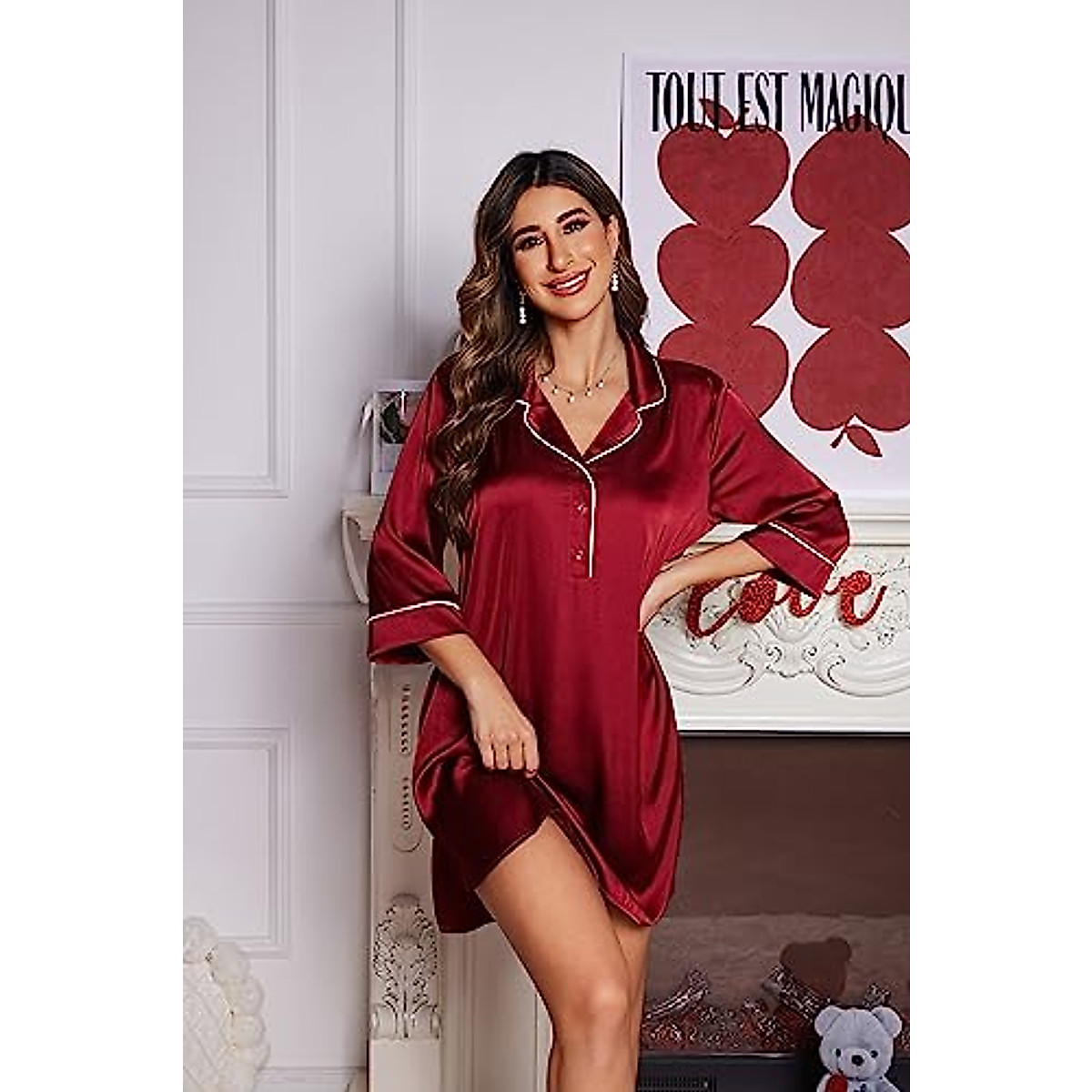 Ekouaer Sexy V Neck Satin Nightgowns Silk 3/4 Sleeve Sleepshirt Button Down Boyfriend Nightshirt Bridesmaid Sleepwear Wine Red L