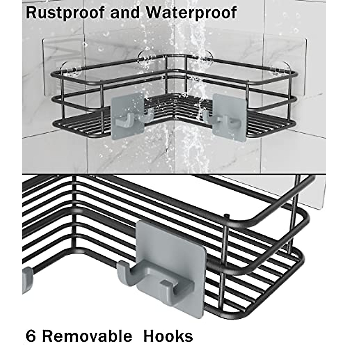 Purdaz Corner Shower Caddy,3 Pack Adhesive Large Shower Caddy with Movable 6 Hooks Shower Shelves No Drilling Rustproof Shower Shelf for Bathroom Shower Storage for Inside Shower Organizer,Black