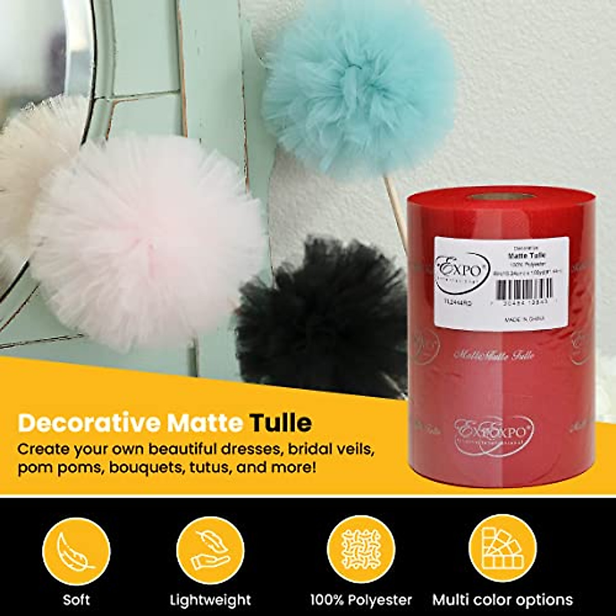 Expo International Decorative Matte Tulle Spool of 6 inch X 100 yards | Red