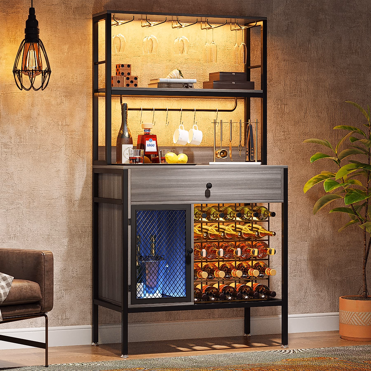 Tribesigns 64" Wine Rack, 5-Tier Wine Bar Cabinet with 6 Hooks, 32-Bottles Large Capacity Liquor Cabinet with Wine Bottle Holders, Wine Bar for Kitchen, Dining/Living Room, Wine Cellar, Retro Grey