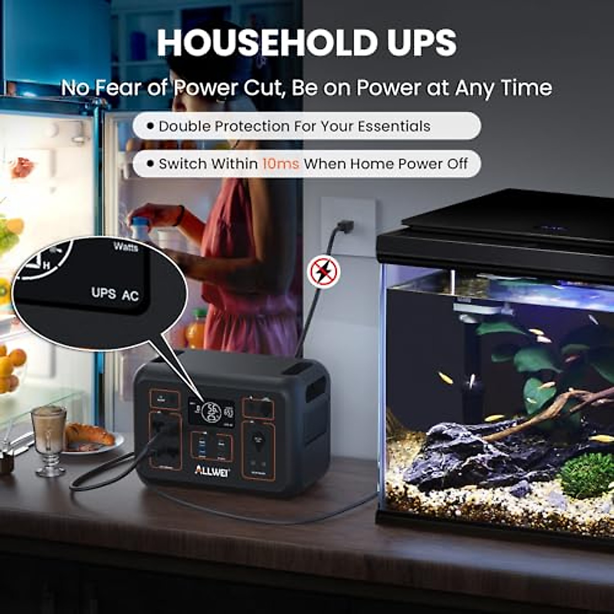 ALLWEI LiFePO4 Solar Generator 1200W(2400W Peak) with 1 * 200W Solar Panel, Fast Charge in 1.5Hrs, 1008Wh Portable Power Station, 4 AC Outlet, UPS Mode, Power Generator for Camping Outdoor Emergency