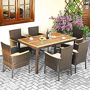 Tangkula 7 Pieces Outdoor Dining Set, Patiojoy Wicker Conversation Set with Umbrella Hole, Stackable Rattan Chairs w/Soft Cushion, Table & Chairs Set with Acacia Wood Tabletop for Garden, Backyard