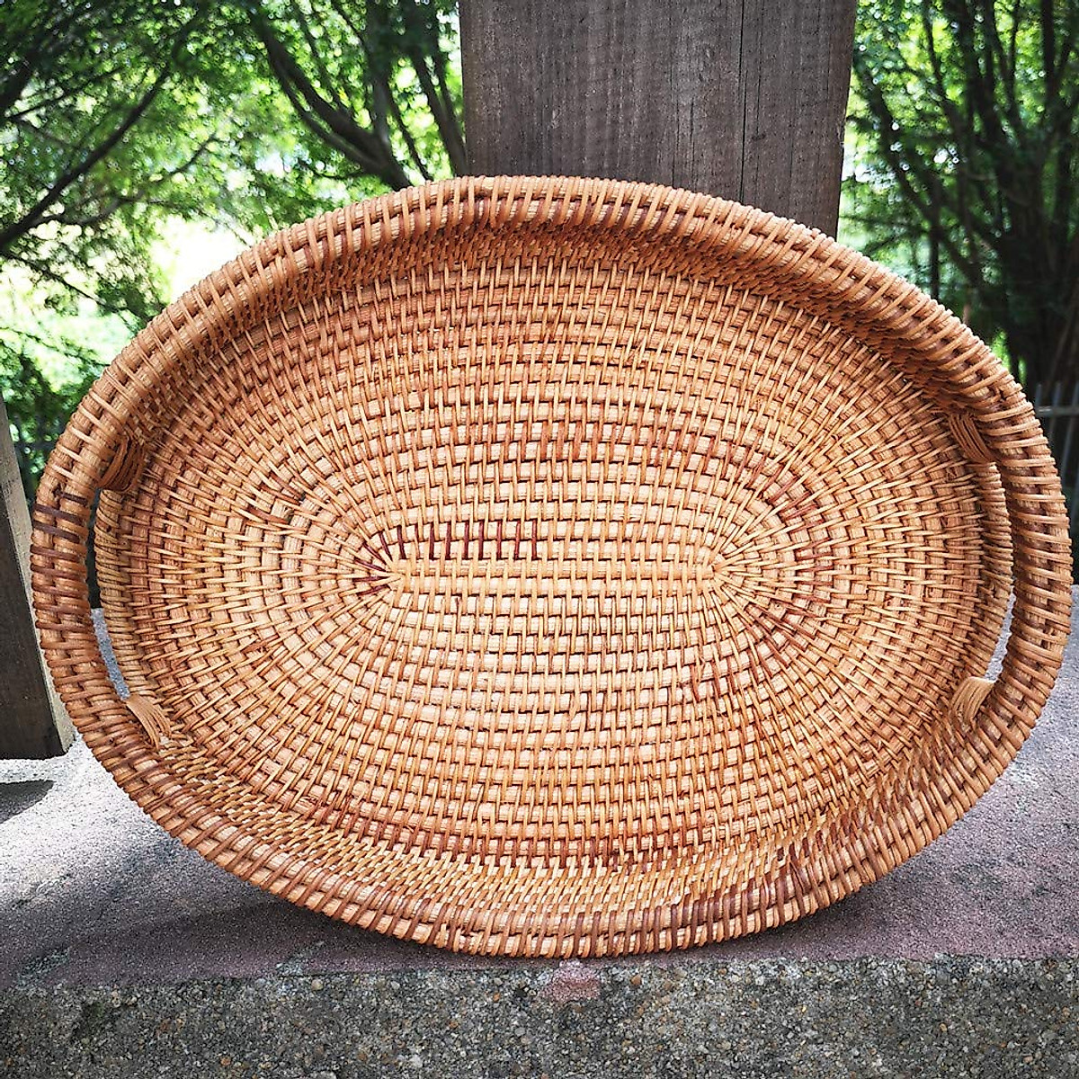 Large Handmade Oval Basket, Wicker Fruit Bowls, Rattan Serving Tray with Handles, Coffee Table Décor for Bread, Snack, Vegetable, Odds and Ends, L, 15.2 Inch