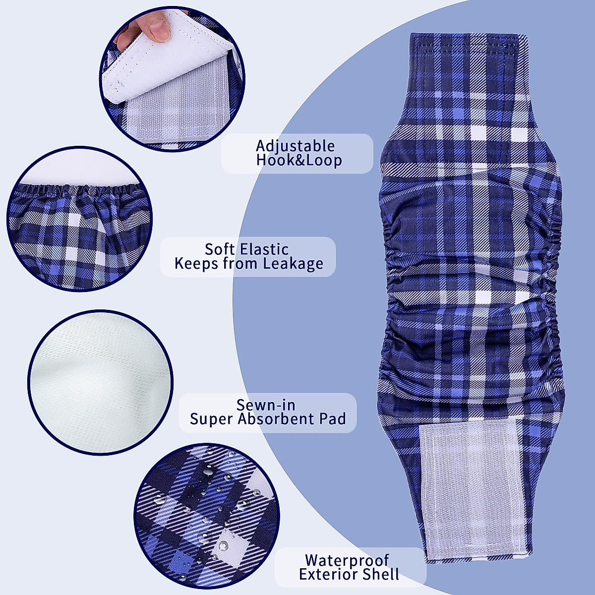 MICOOYO Washable Belly Bands for Male Dogs | Reusable Doggie Diapers | Absorbent Doggy Wraps with Adjustable Fastener - XSmall (Pack of 3, Plaid Red & Blue & Grey)