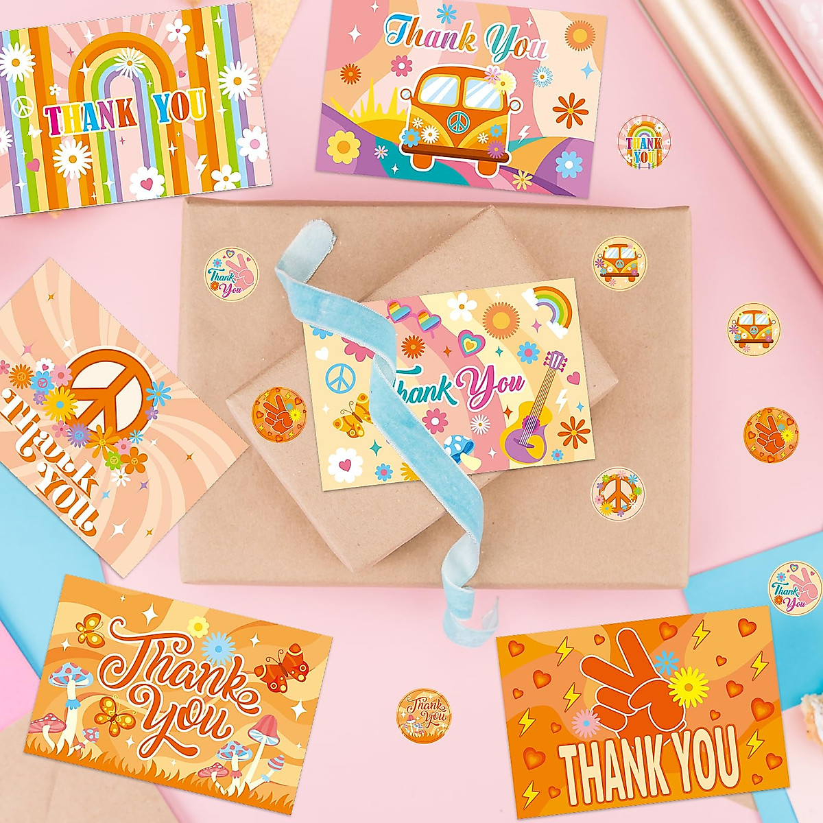 Qpout 24 Pack Groovy Retro Hippie Thank You Cards Boho Rainbow Flower Greeting Cards with White Envelops and Matching Sealing Stickers for Thanksgiving Birthday Thank You Theme Party Supplies