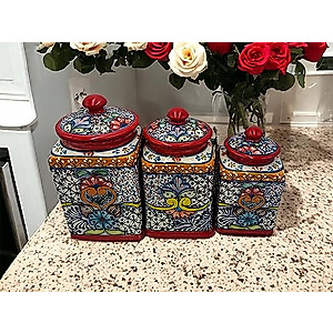 Red Rim XL Handcrafted Folk Art Talavera Canisters | Mexican Ceramic | Floral & Colorful | Kitchen Storage Jars