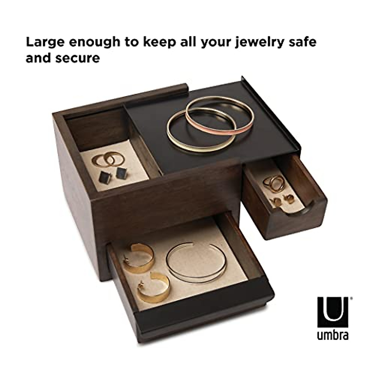 Umbra Mini Stowit Jewelry Box - Modern Keepsake Storage Organizer with Hidden Compartment Drawers for Ring, Bracelet, Watch, Necklace, Earrings, and Accessories,Black/Walnut