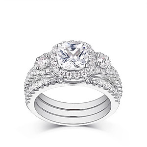 3 Piece Halo Wedding Ring Set for Women Bridal Ring Set 1Ct Center Cushion Cut Moissanite Engagement Ring Set Platinum Plated Silver Anniversary Promise Rings size9