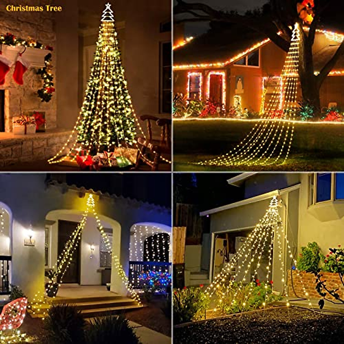 Gorrzai Outdoor Christmas Decorations Star String Lights 420 LED Waterproof String Lights with Christmas Tree Topper, 8 Lighting Modes Waterfall Lights for Tree Patio Garden Yard Party (Warm White)