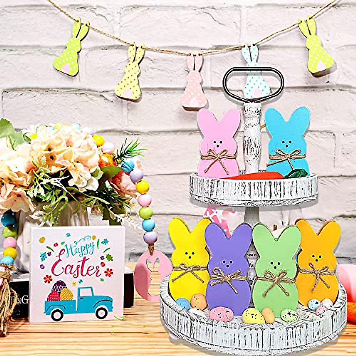 Easter Wooden Bunny Easter Decorations - Easter Wooden Table Centerpieces with Hemp Rope - 6PCS Easter Spring Peeps Tiered Tray Decor Rabbit Shape Tabletop Decoration for The Home Office Tables