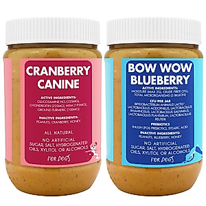 Bow-Wow Blueberry (probiotic + prebiotic) + Cranberry Canine (hip + joint) BUDDY BUDDER, 100% Natural Dog Peanut Butter, Healthy Peanut Butter Supplements, Made in USA (17oz jars)