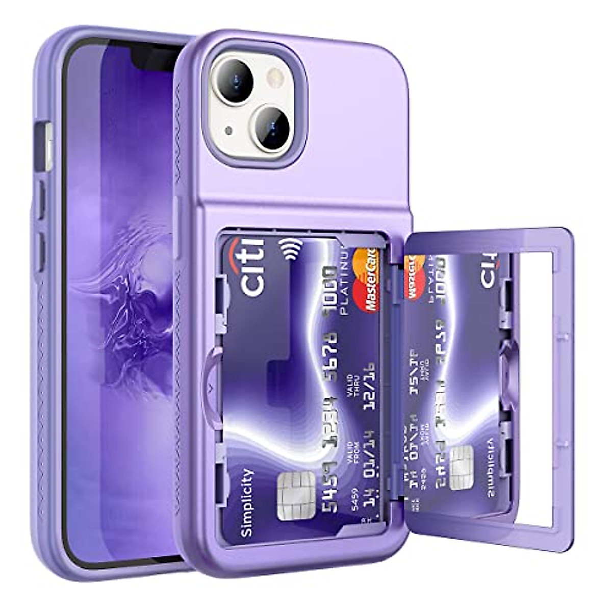 WeLoveCase for iPhone 13 / iPhone 14 Wallet Case with Credit Card Holder & Hidden Mirror, Two Layer Shockproof Heavy Duty Protection Cover Protective Case for iPhone 13/14 6.1 Inch - Light Purple