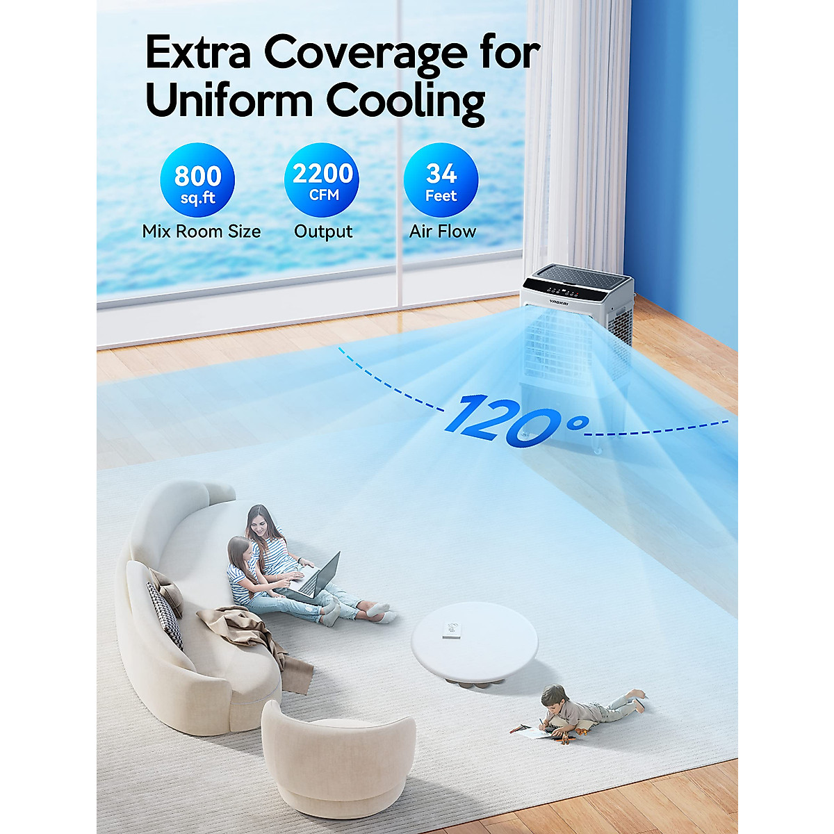 VAGKRI Evaporative Air Cooler, 2200CFM Swamp Cooler, 120°Oscillation Air Cooler with Remote Control, 24H Timer, 3 Modes & Wind Speeds for Outdoor Indoor Use, 9.2Gallon