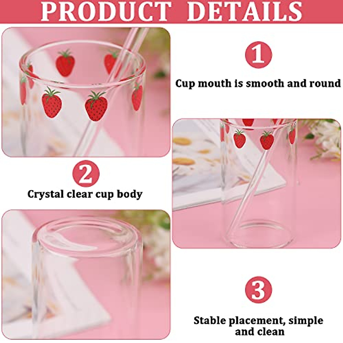 300ML Glass Cup with Straw, Clear Heat-Proof Water Cup Cute Strawberry Pattern Glasses Bottle for Water Milk Tea Home Office(1pcs)
