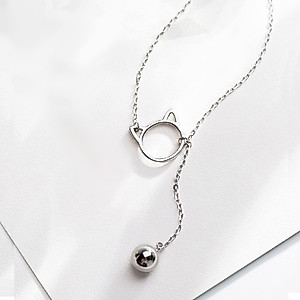 Dankadi Fashion Women 925 Sterling Silver Necklace - Cute Cat/Bell Pendant choker 11x11x5mm - Clavicle Rolo Chain 17 Inch Fine Jewelry Gift