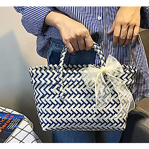 Goodly Beach Bag/Handmade Woven Market Tote Bag/Woven Versatile Large Top Handle Bag(Blue)