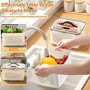 JSCARES 4-Pack Fruit-Storage-Containers for Fridge with Colander, Airtight Food Storage Containers with Lids & Handle, Produce Storage Bins Set for Refrigerator for Salad Berry Lettuce Vegetables Meat