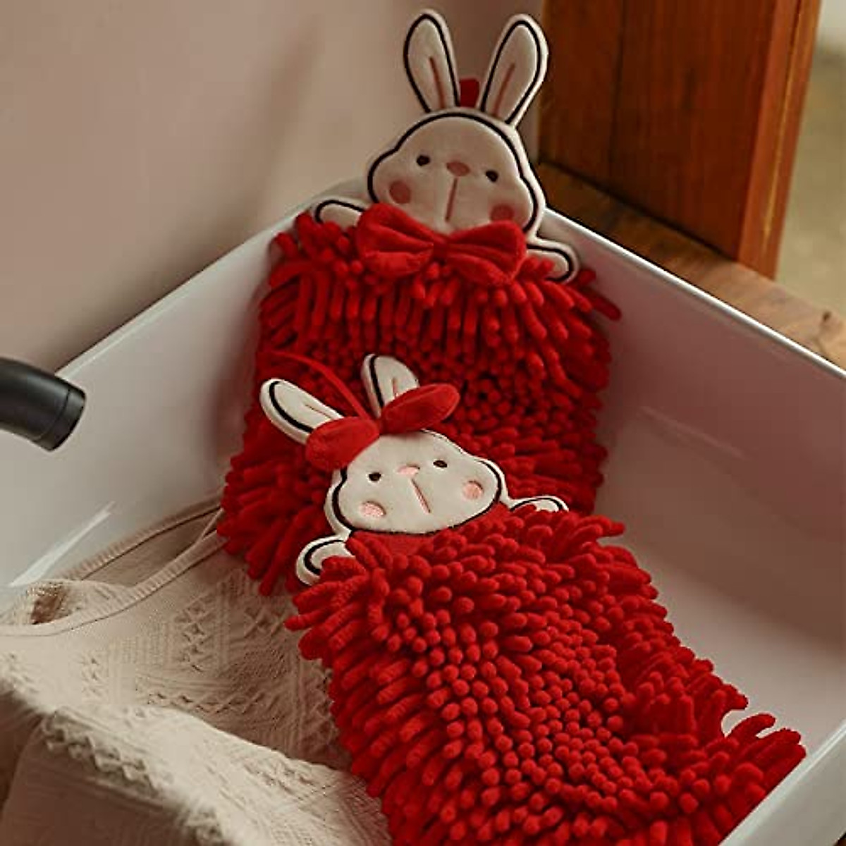 NUFR 2 Pack Cute Rabbit Red Chenille Hanging Hand Towel with Loop for Kitchen Bathroom, Absorbent Small Hand Drying Cloth